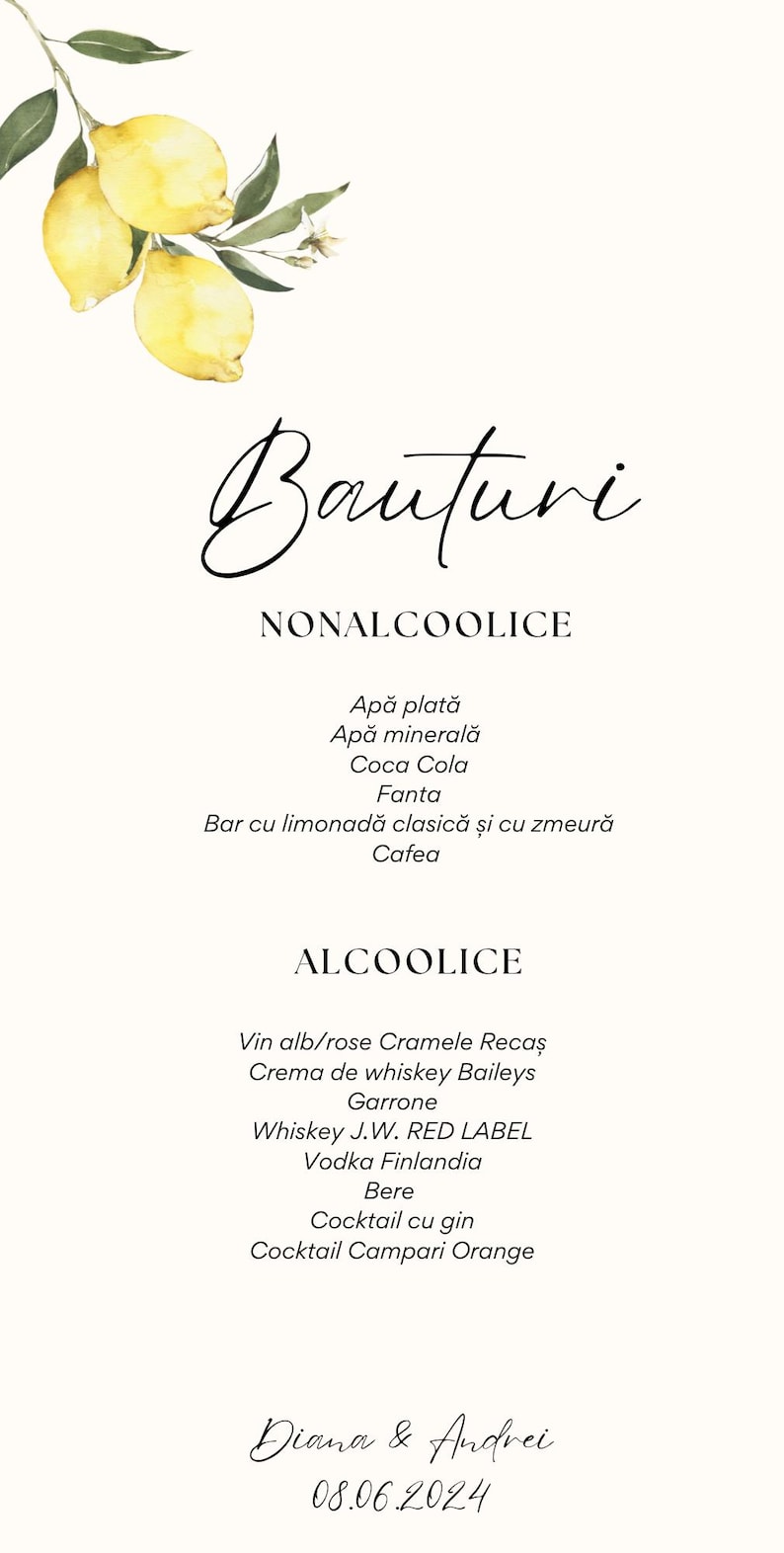 Lemon Wedding Menu Template - Etsy