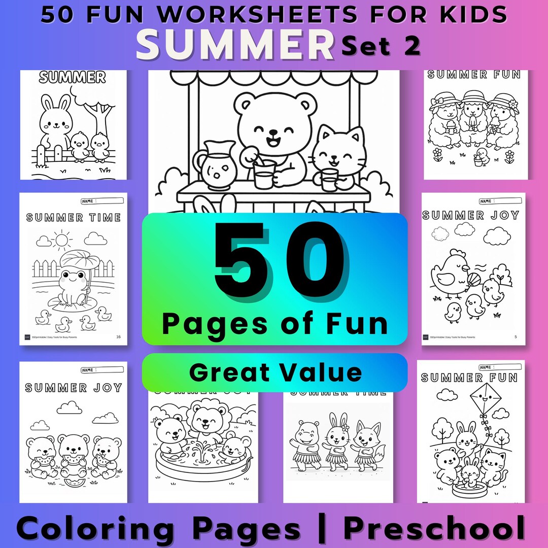 Summer Kawaii Coloring Pages for Kids | 50 Printable Animal Worksheets ...