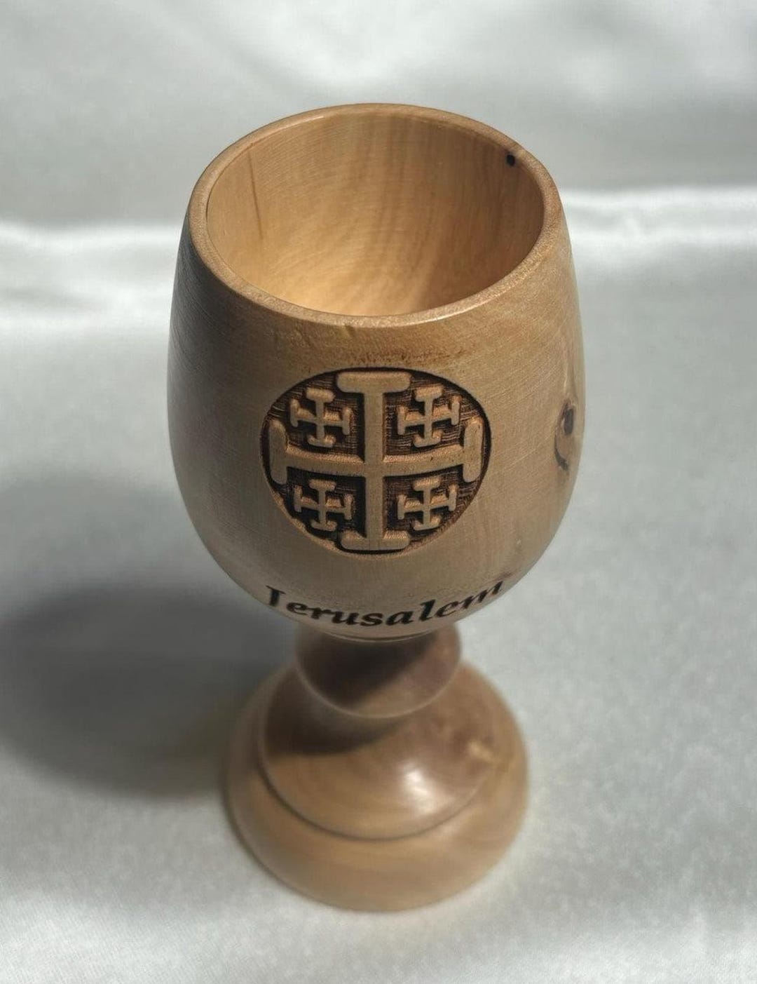 Hand Carved Olive Wood Wine Cup, Jerusalem Cross Engraving, Handmade ...