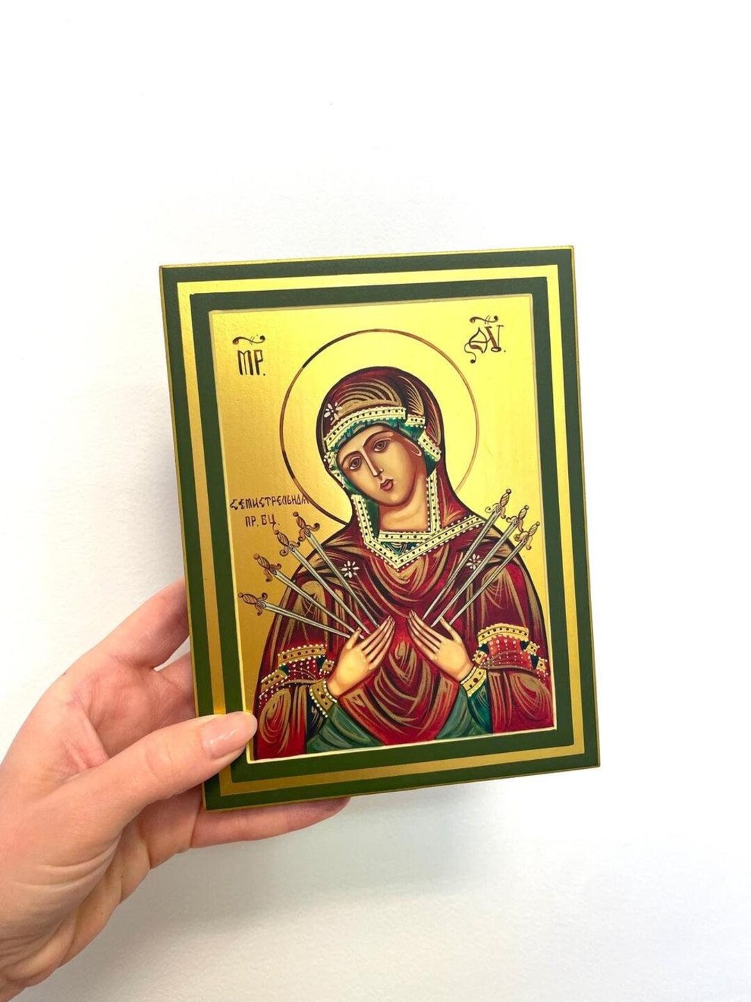 Panagia of Seven Swords, Orthodox Icon, Handmade Icon on Natural Wood ...