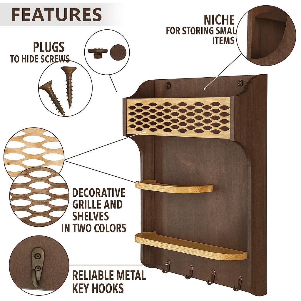 Handcrafted Wood Entryway Key Holder With Shelves: Rustic Brown ...