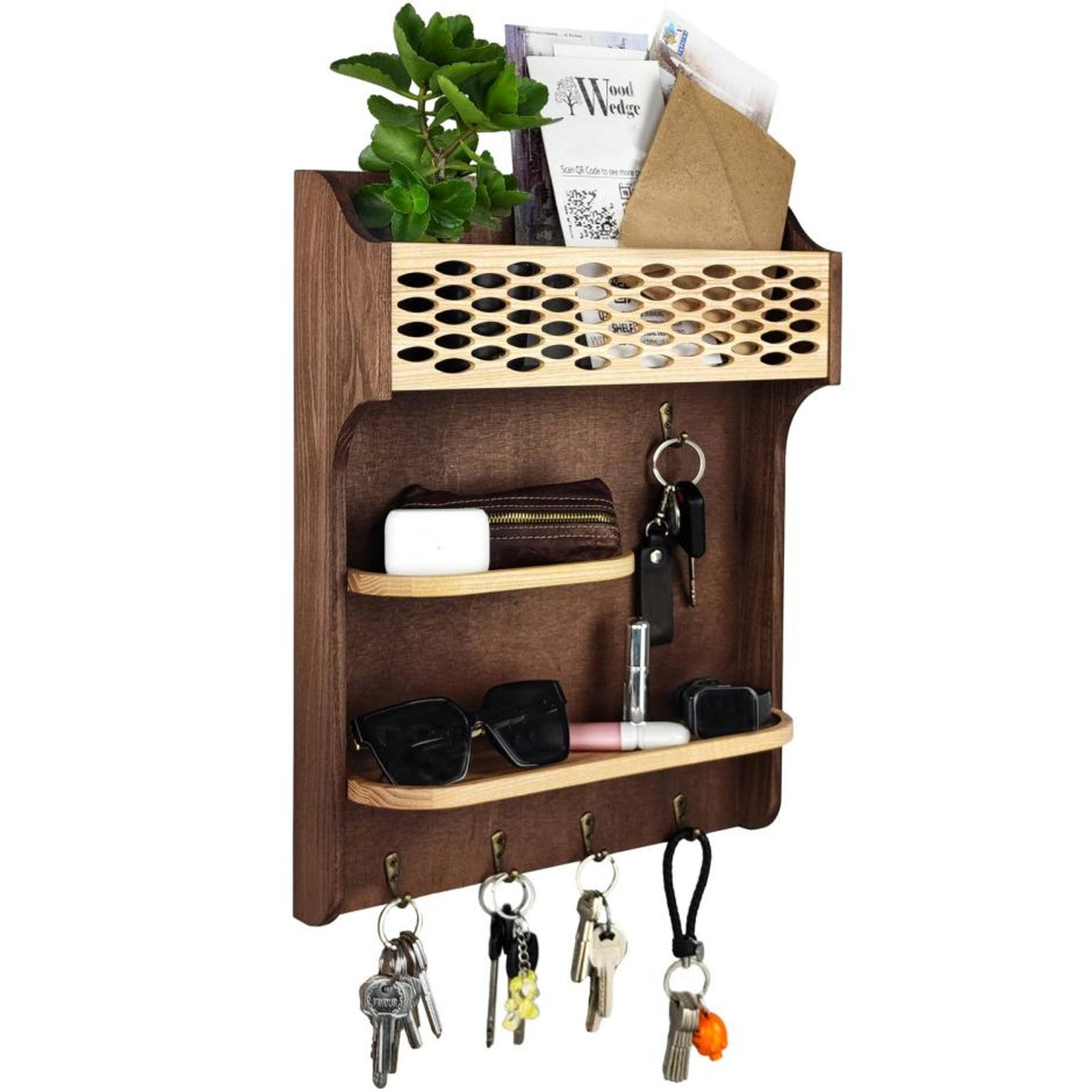 Rustic Wood Key Holder With Shelves - Handmade Entryway Organizer - Etsy