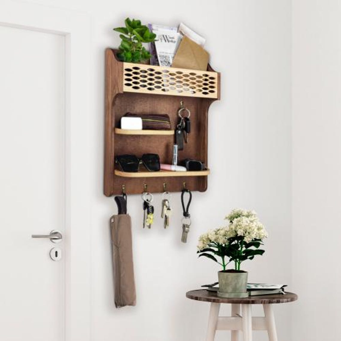 Rustic Wood Key Holder With Shelves - Handmade Entryway Organizer - Etsy