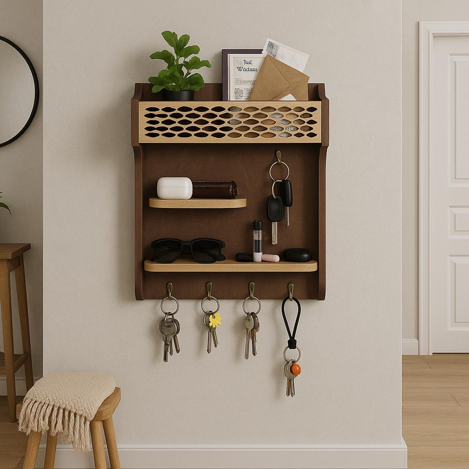 Rustic Wood Key Holder With Shelves - Handmade Entryway Organizer - Etsy