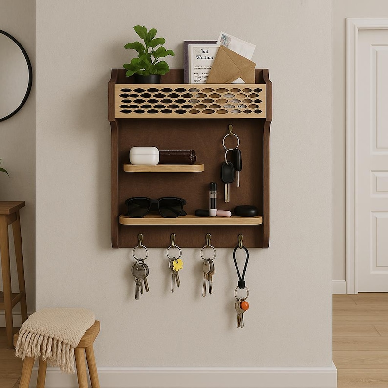 Rustic Wood Key Holder With Shelves - Handmade Entryway Organizer - Etsy