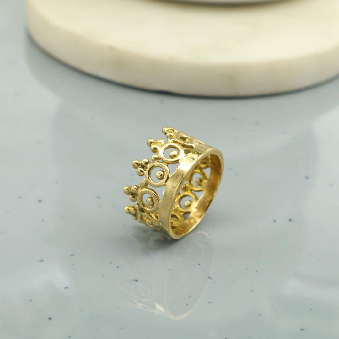 Handmade Gold Brass Crown Ring, Vintage Filigree Adjustable Band, Boho ...