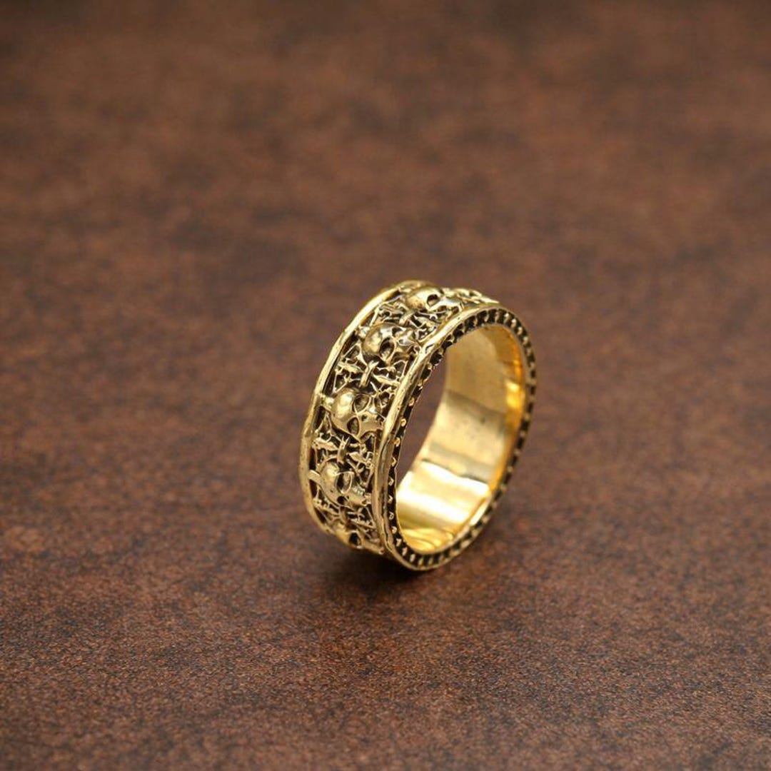 Gold Skull Band Ring • Gothic Skull Ring • Men’s Punk Ring • 925 ...