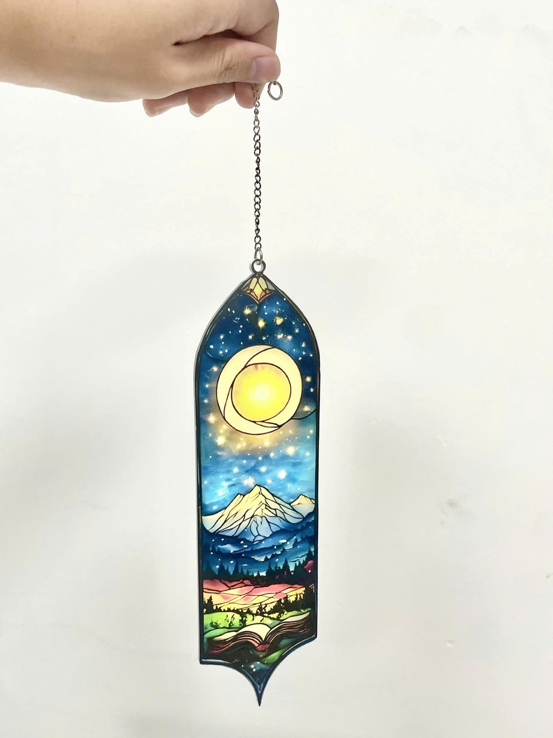Moonlight Mountain Faux Stained Glass Suncatcher, Celestial Window ...