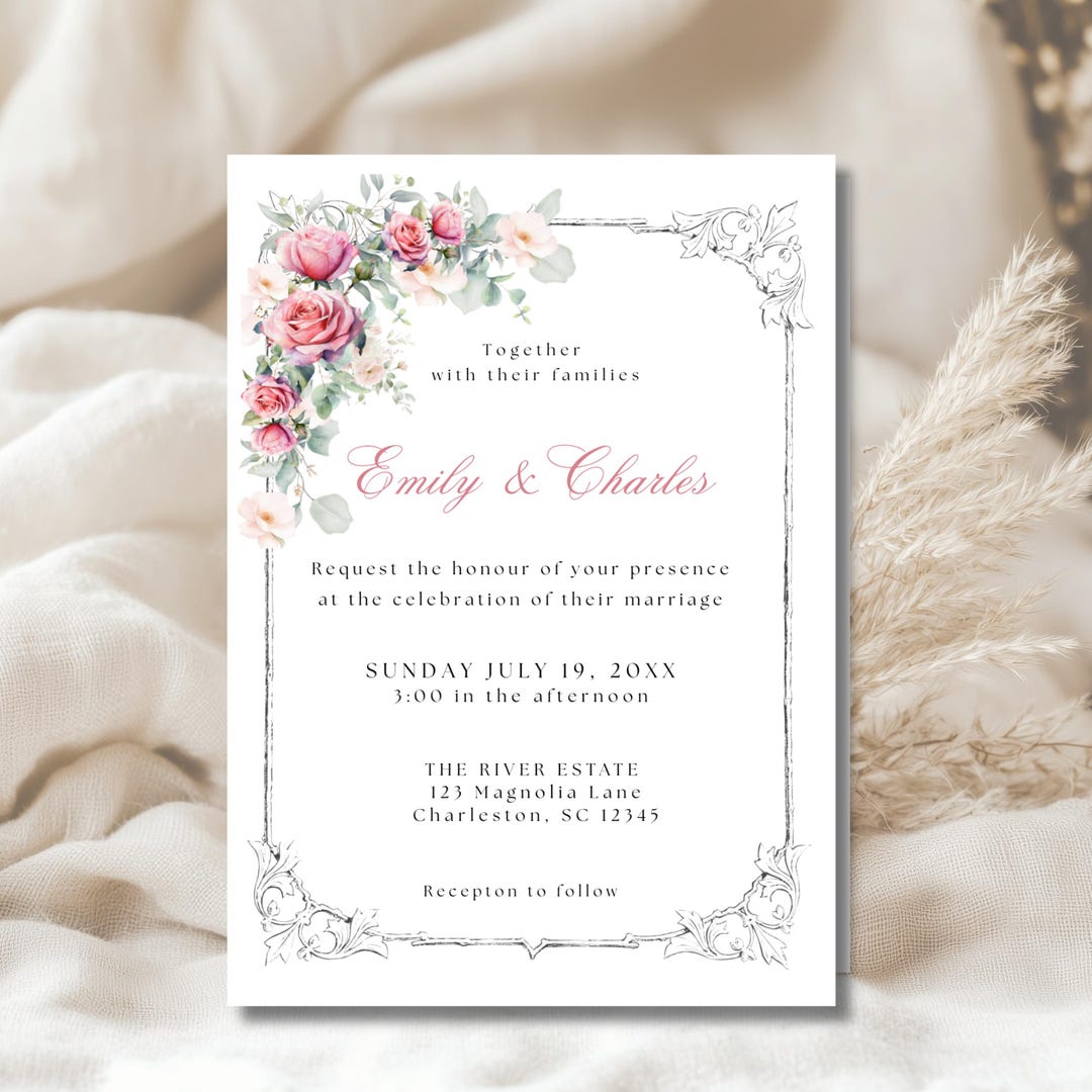 Vintage Rose Wedding Invitation Template, Elegant Frame, Classic Luxury ...