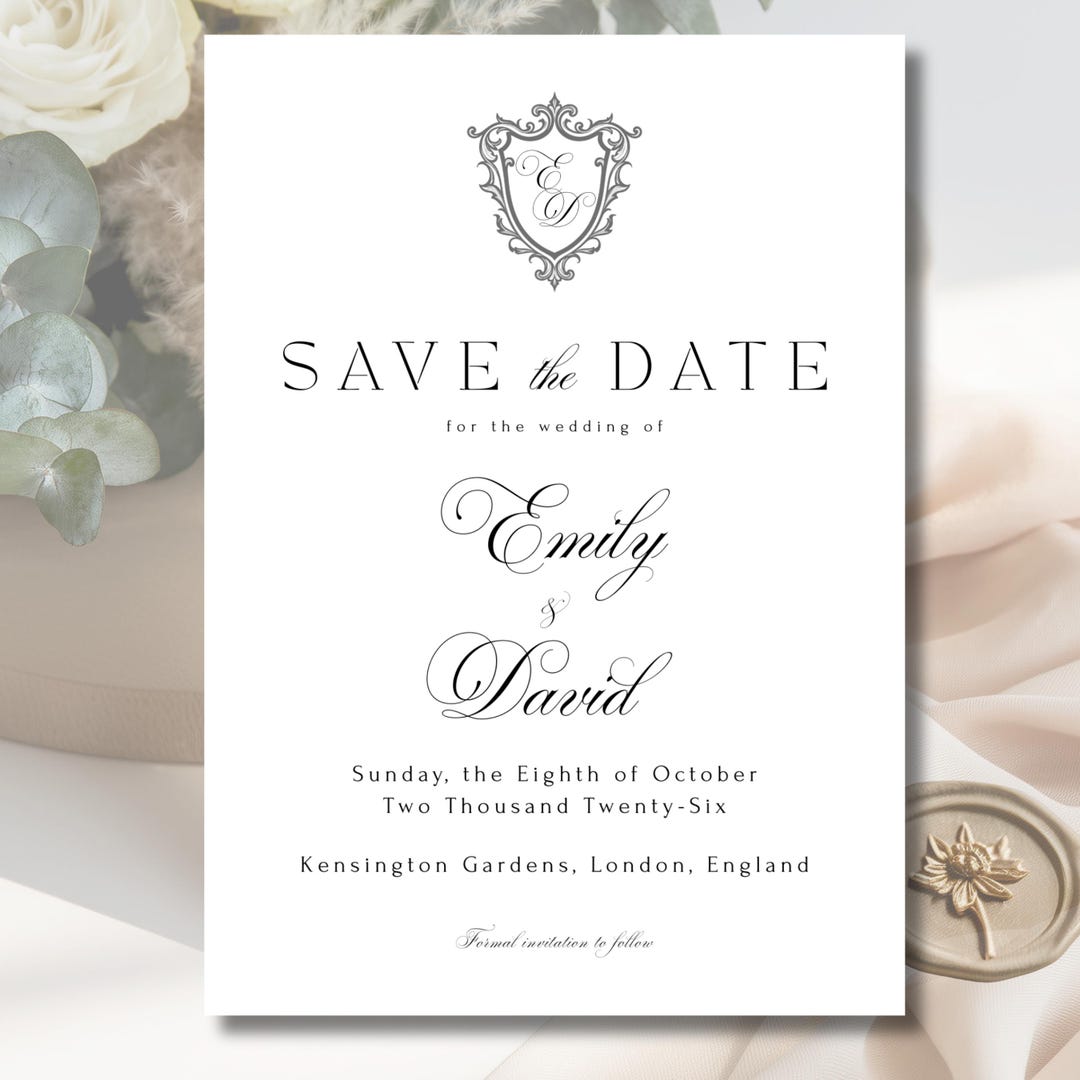 Regency Save the Date Template, Crest Monogram Wedding Stationery ...