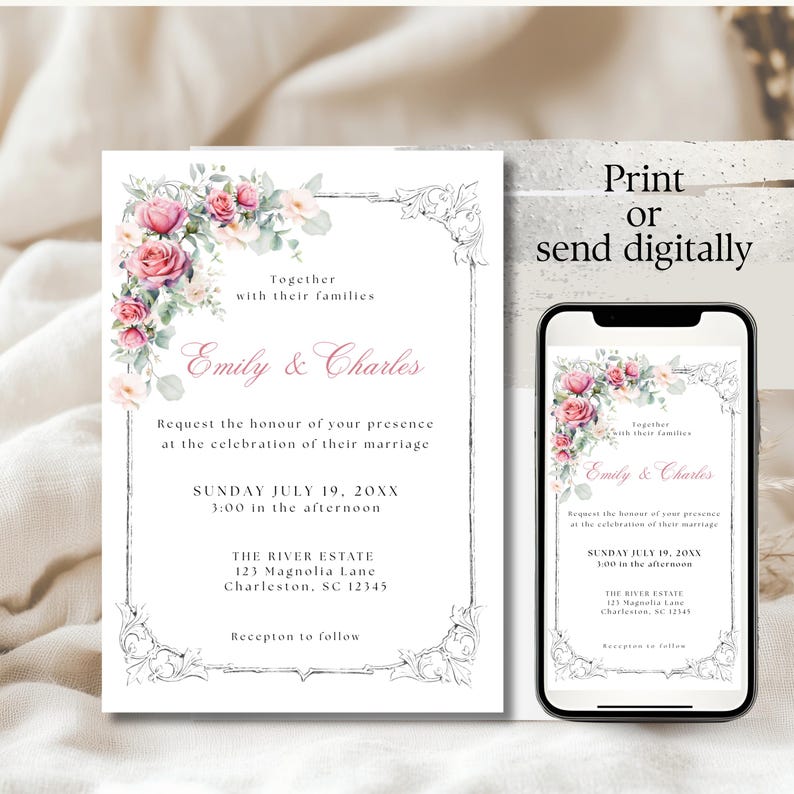 Vintage Rose Wedding Invitation Template, Elegant Frame, Classic Luxury ...
