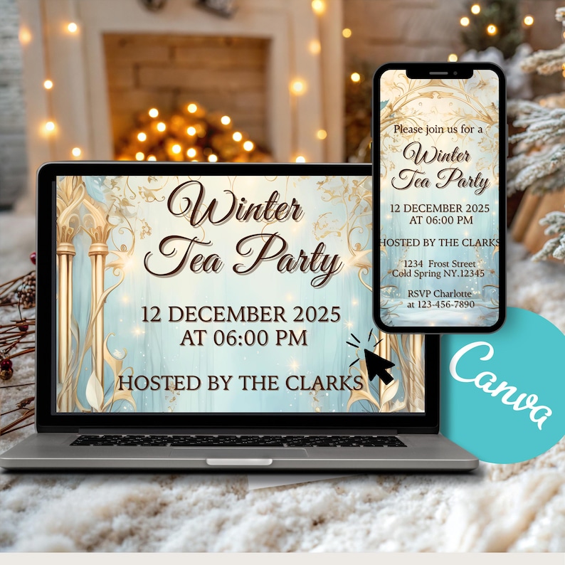 Elegant Gold and Blue Winter Invitation Template , Printable and ...