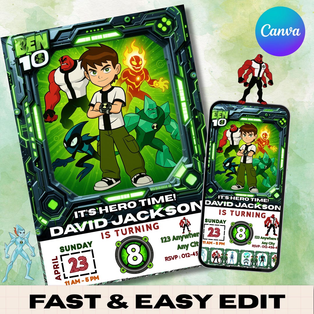 Editable Ben Birthday Invitation, Hero Time Party Invite, Editable ...