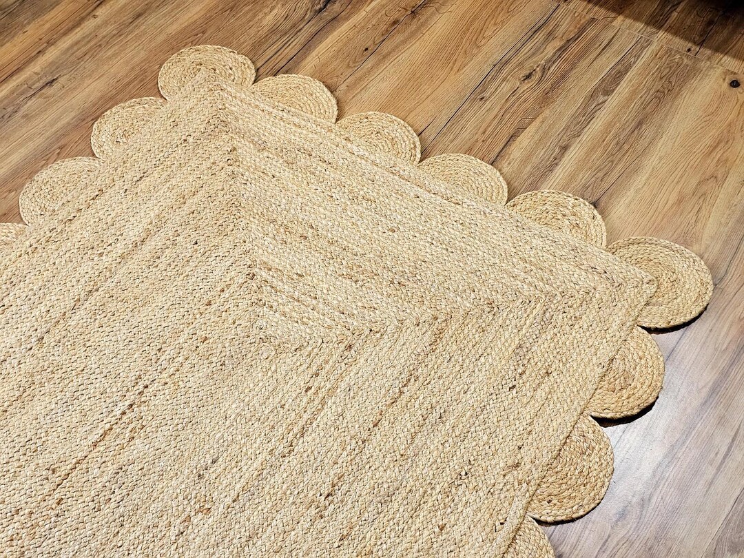 Jute Area Rug Scallop Edge Rug Natural Fiber Mat Braided Beige Solid ...