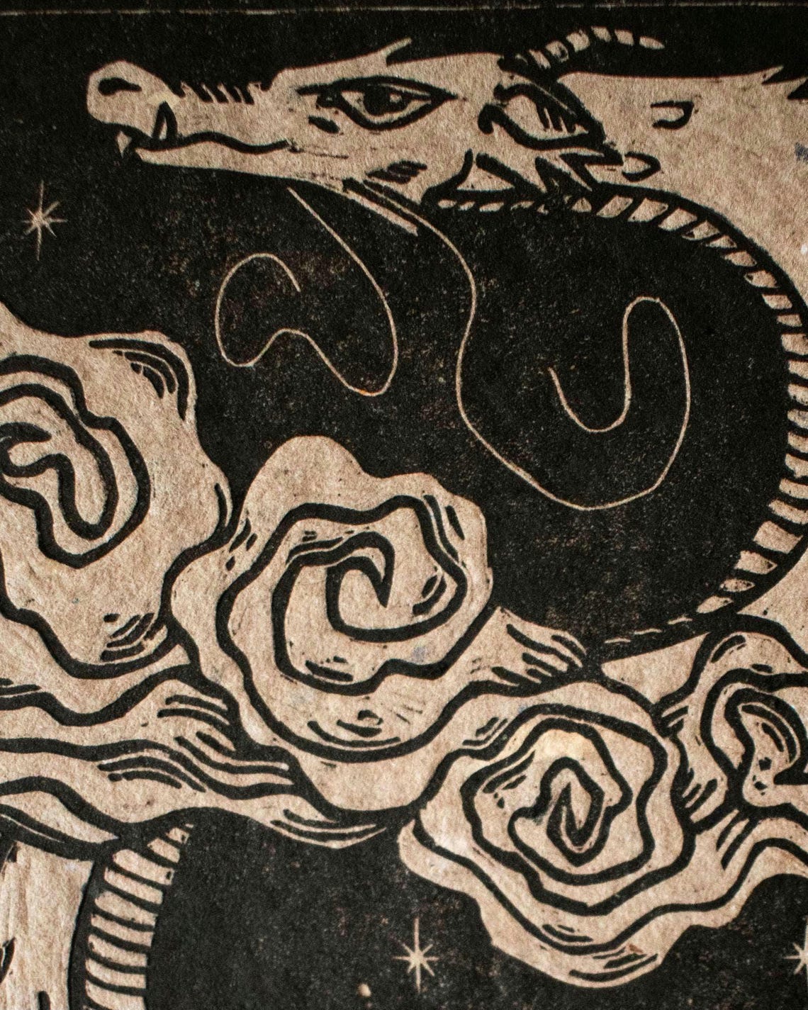 Linocut Flying Dragon Art Print - Etsy