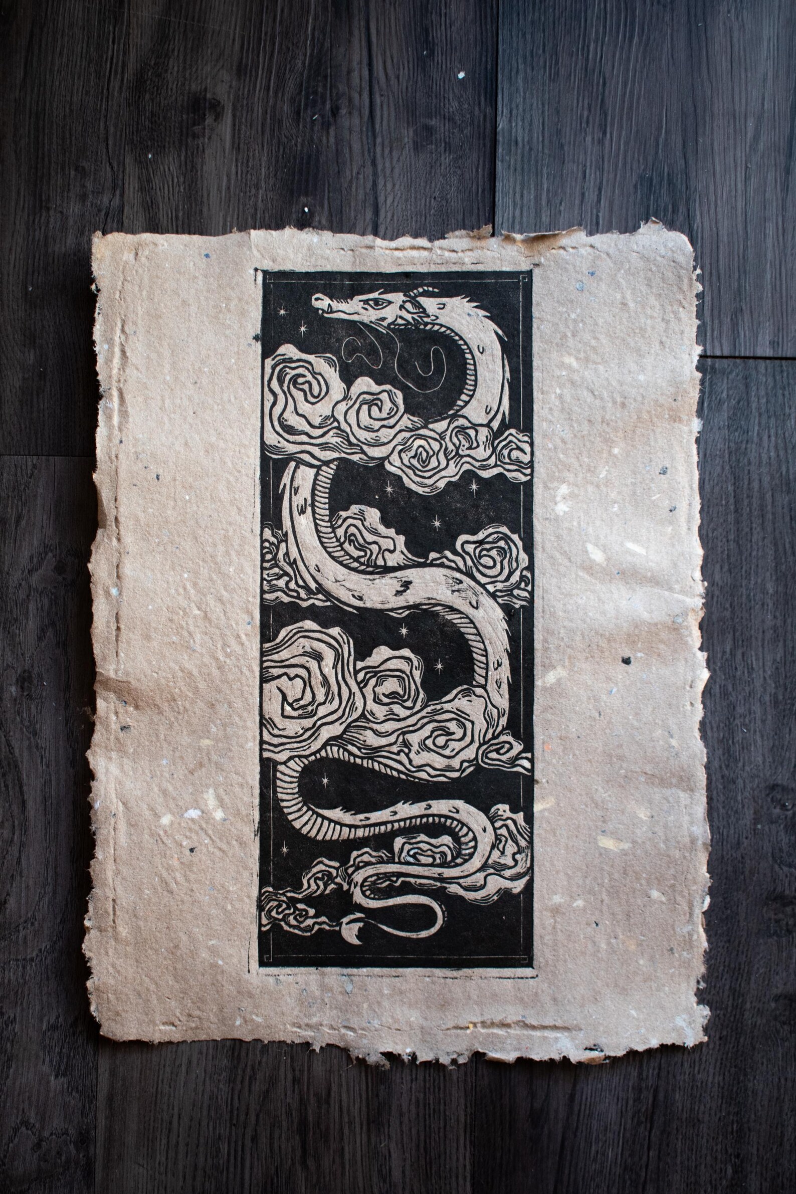 Linocut Flying Dragon Art Print - Etsy