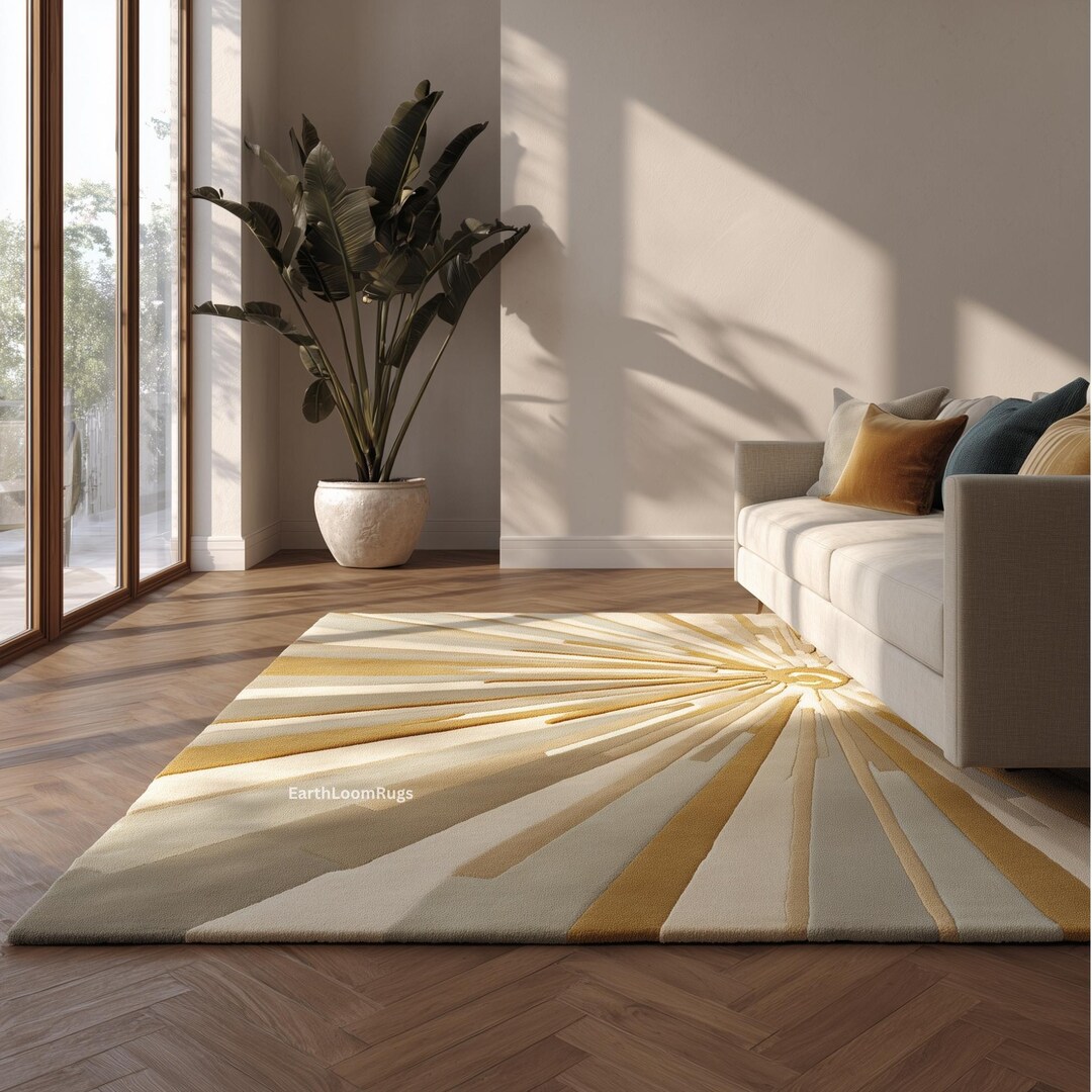 Beige Mustard Sunburst Rug | Hand Tufted Wool Carpet | Modern Sunshine ...