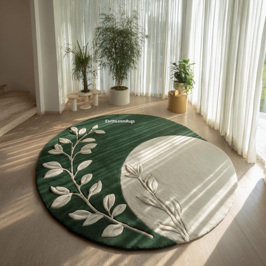 Green Round Botanical Rug | Leaf Design Nature Inspired Circle Carpet ...