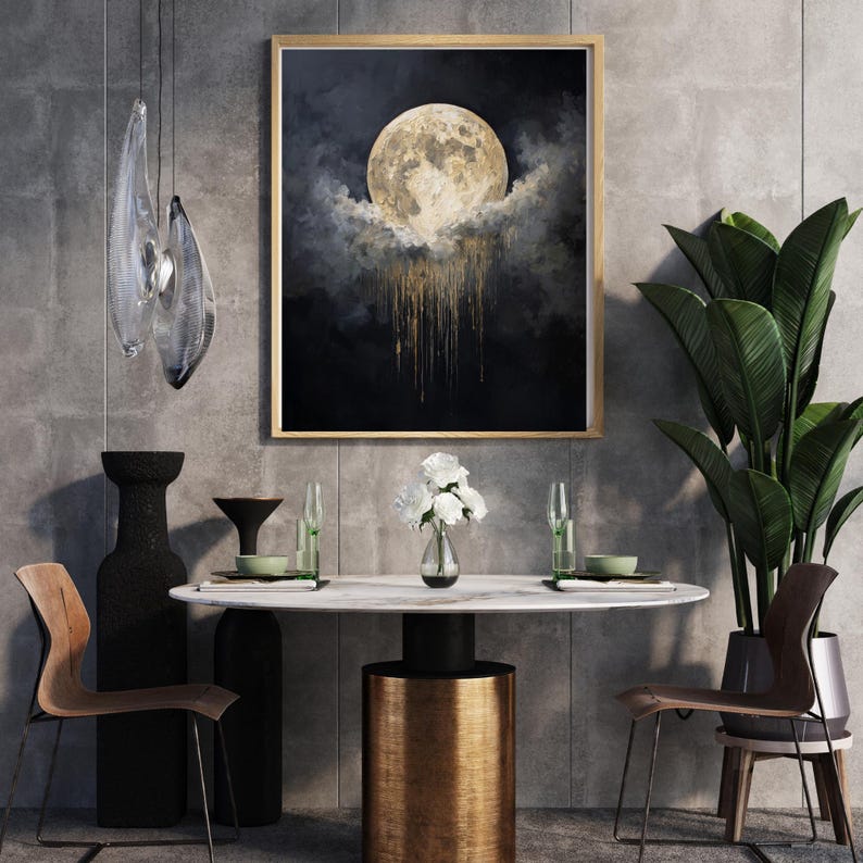 Dripping Moon Oil Painting Print – Dark Academia Wall Art, Textured ...