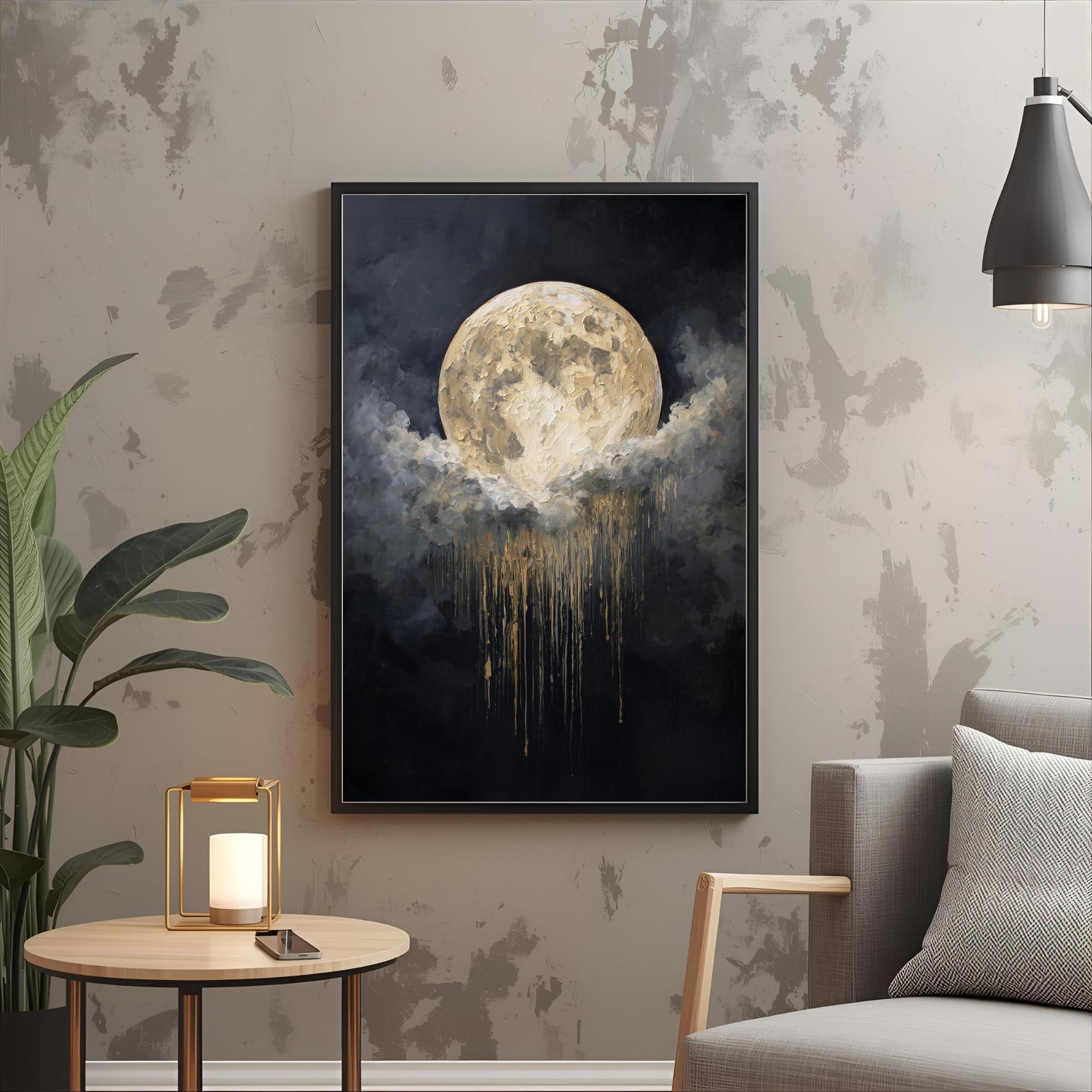 Dripping Moon Oil Painting Print – Dark Academia Wall Art, Textured ...