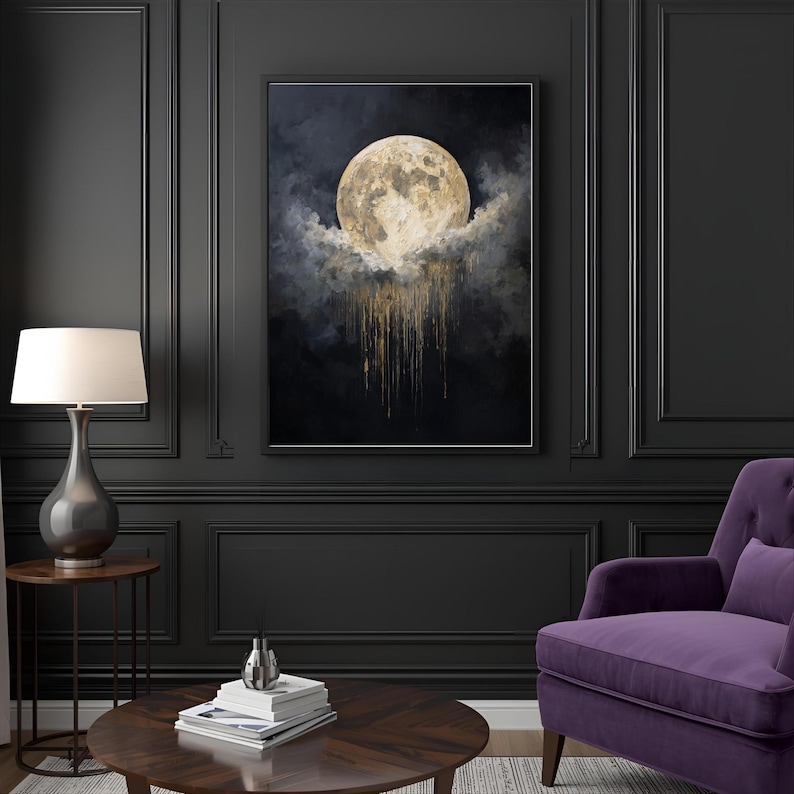 Dripping Moon Oil Painting Print – Dark Academia Wall Art, Textured ...