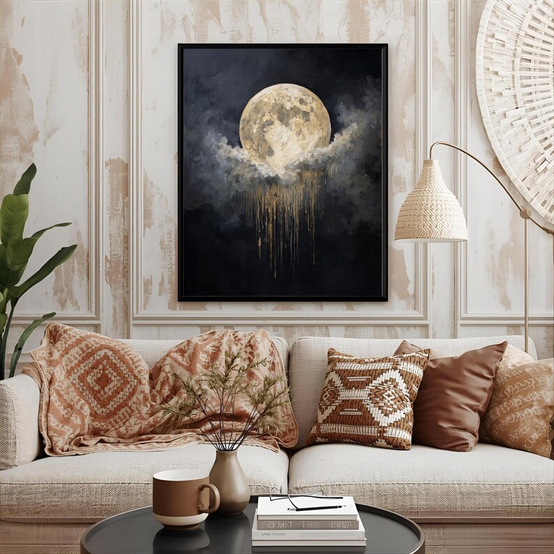 Dripping Moon Oil Painting Print – Dark Academia Wall Art, Textured ...