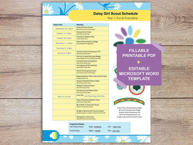 Girl Scout Daisy Troop Schedule: Editable PDF & Word Template - Etsy