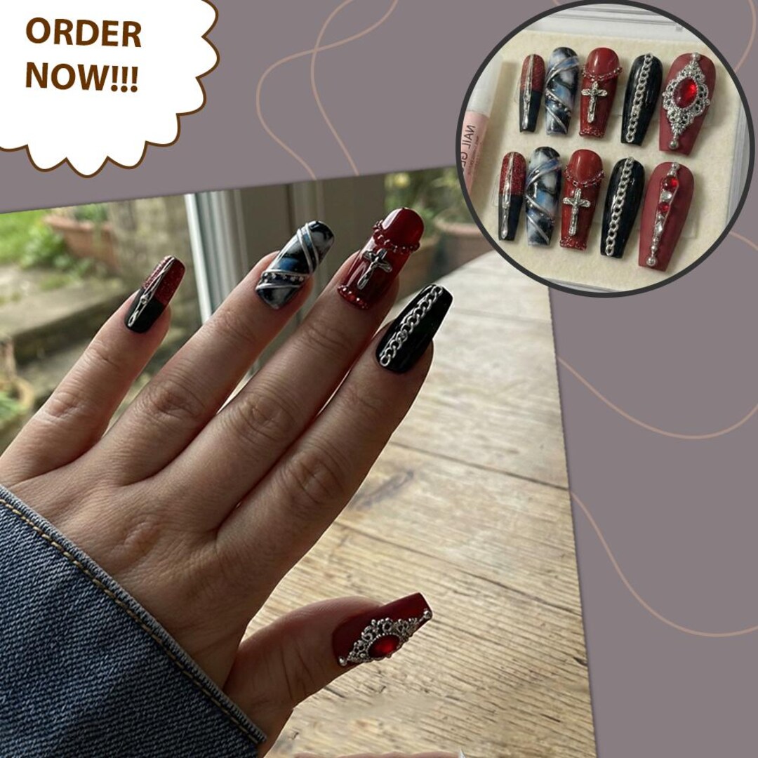 Gothic Coffin Press on Nails | Red, Black, Cross & Chain - Etsy