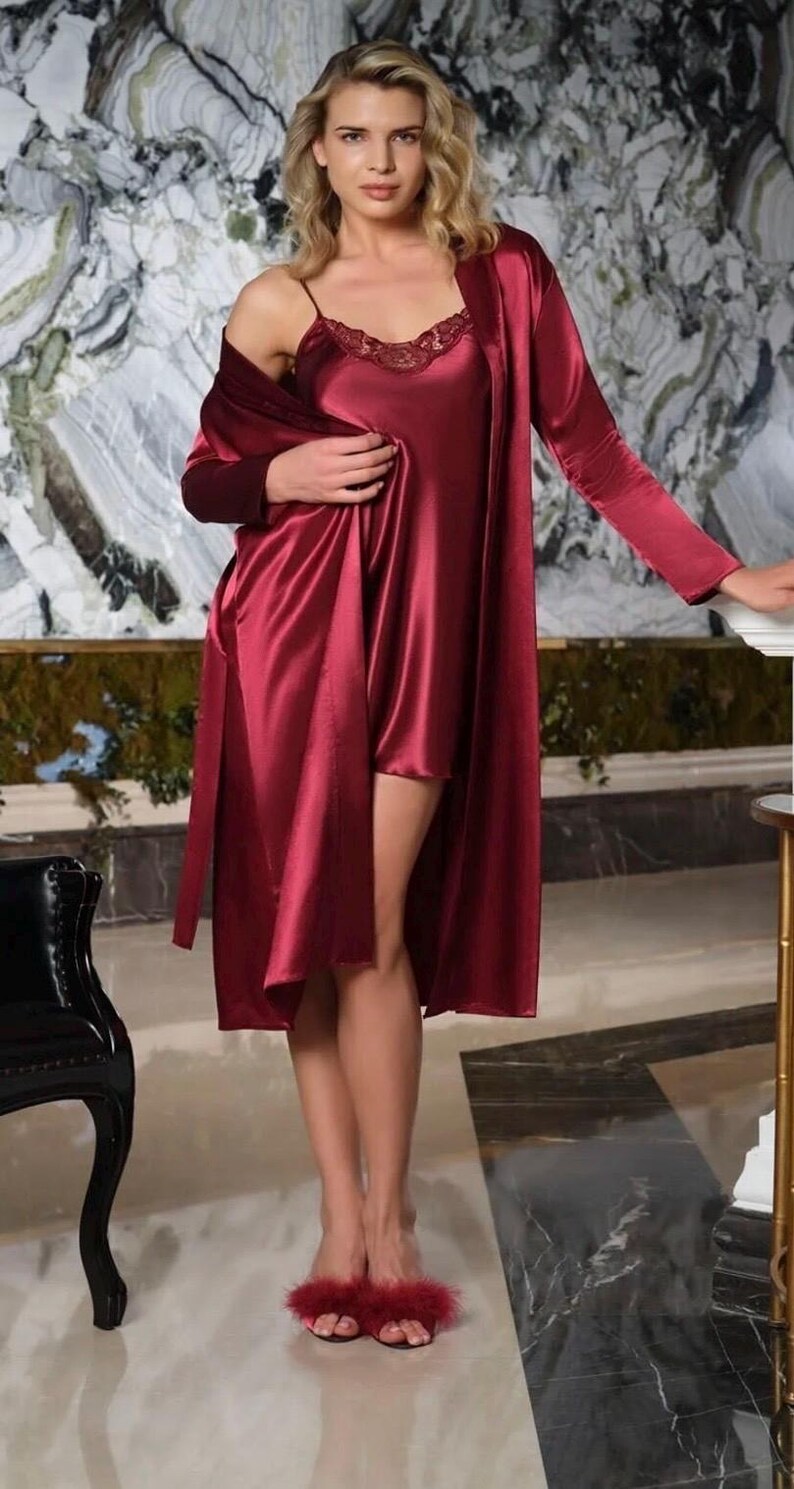 Nightgown, Luxury Burgundy Satin Robe and Chemise Set, Elegant Lace ...
