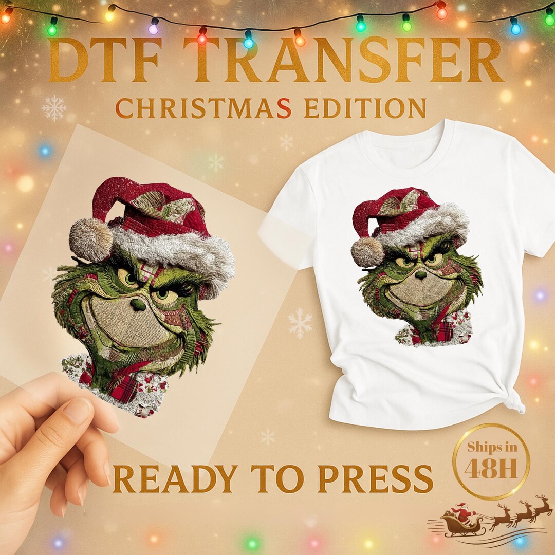 Vintage Grinch Christmas DTF Transfer - Patchwork Santa Hat - Etsy