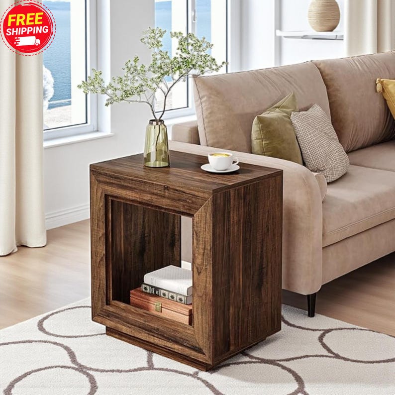 Rustic Wood Square End Table, Farmhouse Side Table With Storage Shelf ...