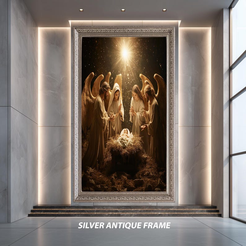 Nativity Scene Canvas Wall Art | Holy Birth of Jesus With Angels ...