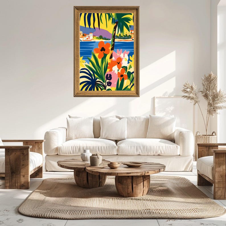 Tropical Garden View Canvas, Palm Tree Floral Wall Art, Colorful ...
