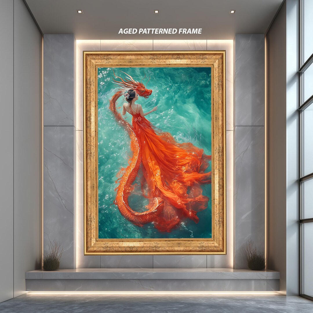 Fantasy Dragon Lady Wall Art, Mythical Ocean Goddess Print, Red Dress ...