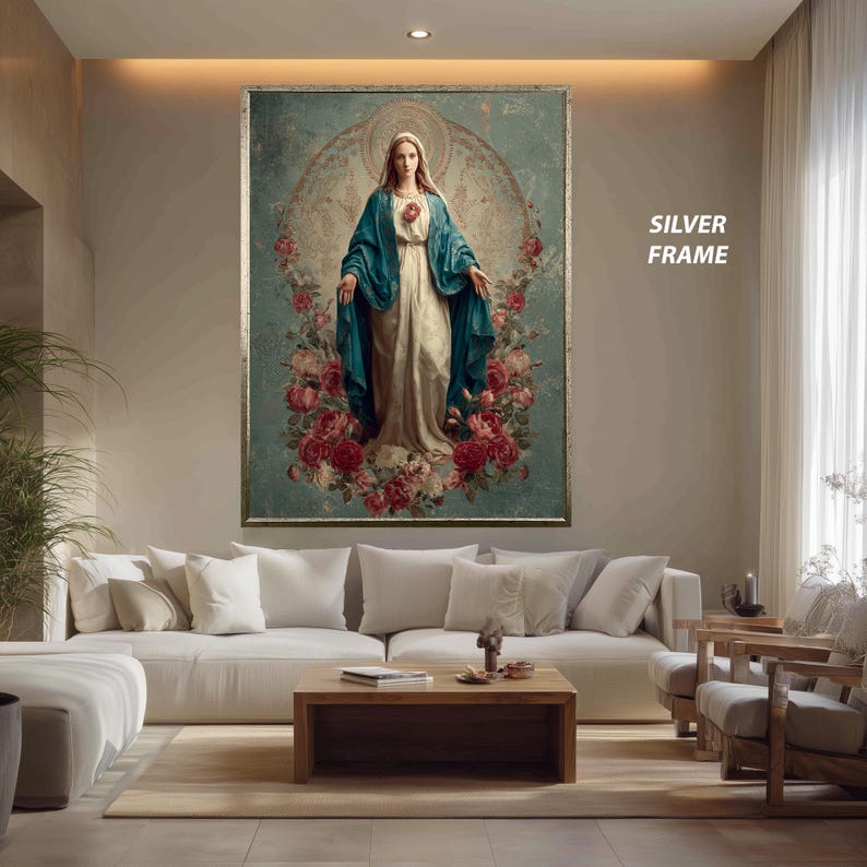 Sacred Virgin Mary Wall Art in Blue and White With Roses – Spiritual ...