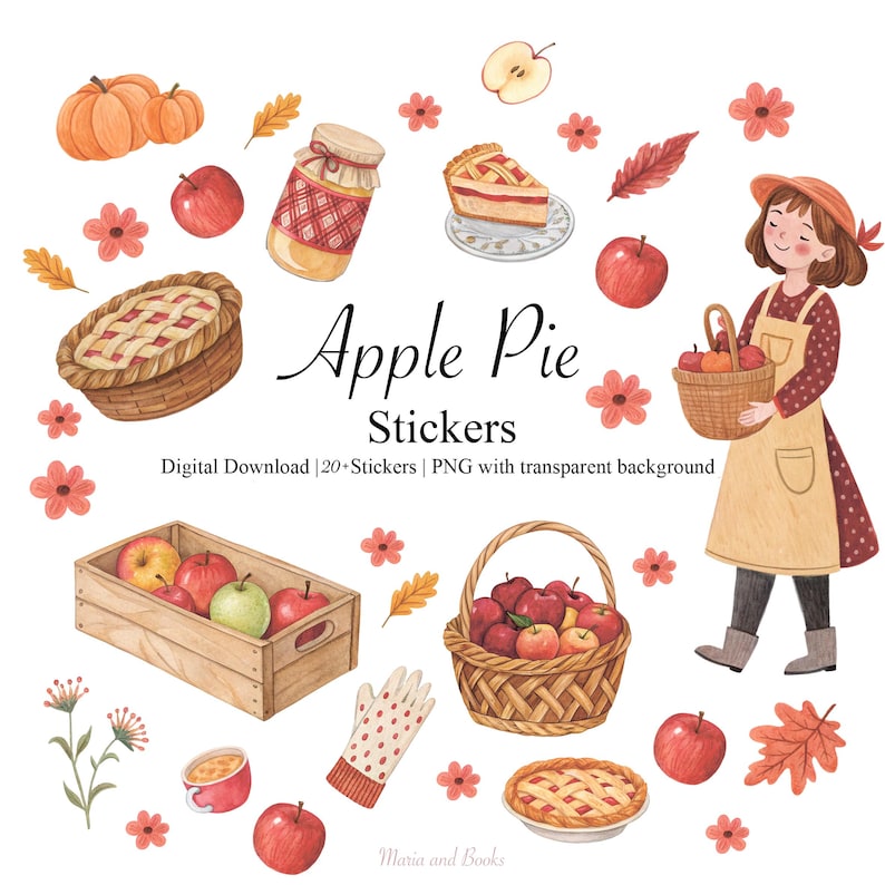Autumn Apple Pie Watercolor Stickers - Cottagecore Clipart (PNG ...