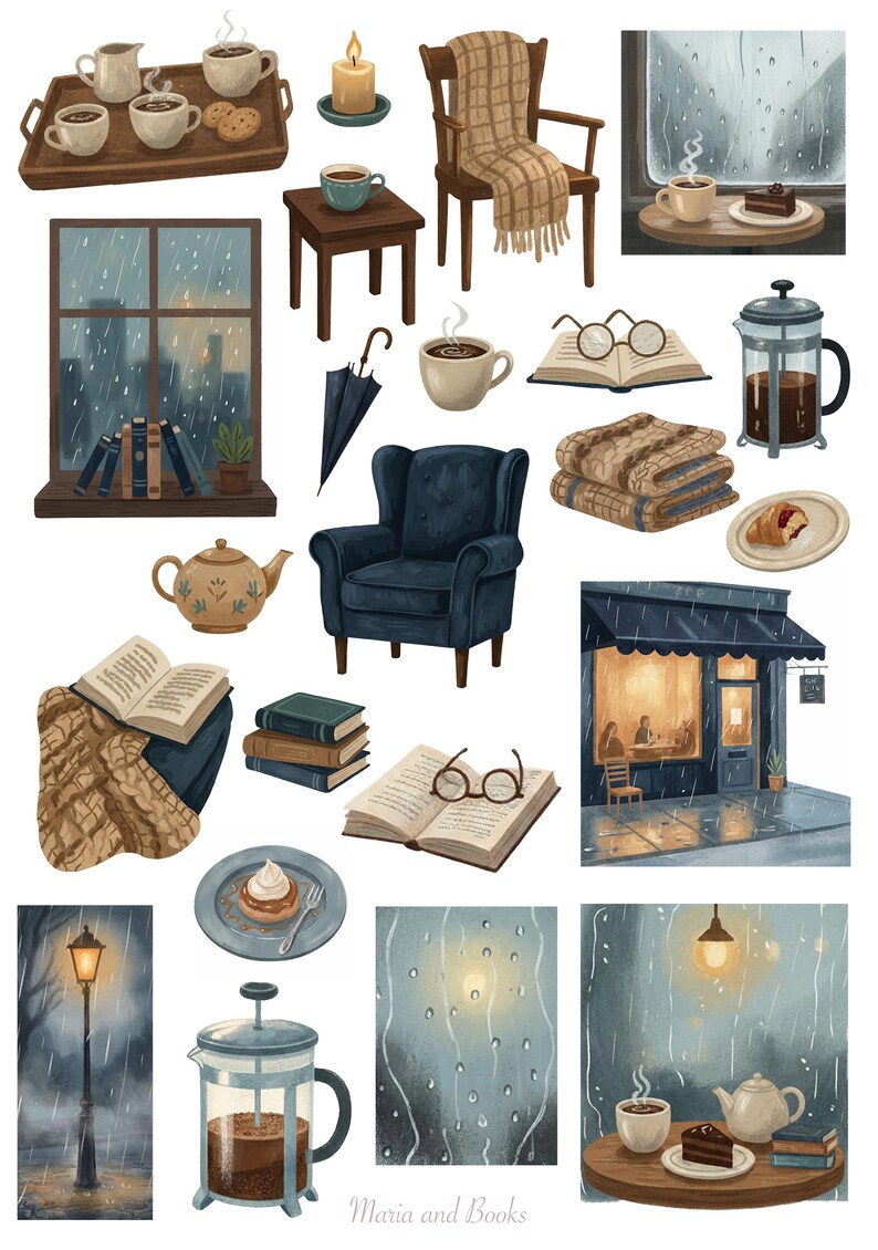 Rainy Day Stickers | Cozy Bookish Coffee Clipart | 25 PNG Planner ...
