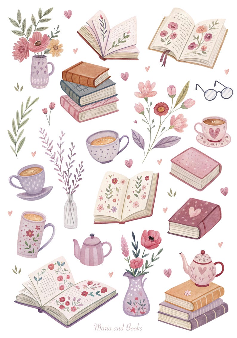Romantic Reading Stickers | Floral Book & Tea | Cozy Pink Cottagecore ...
