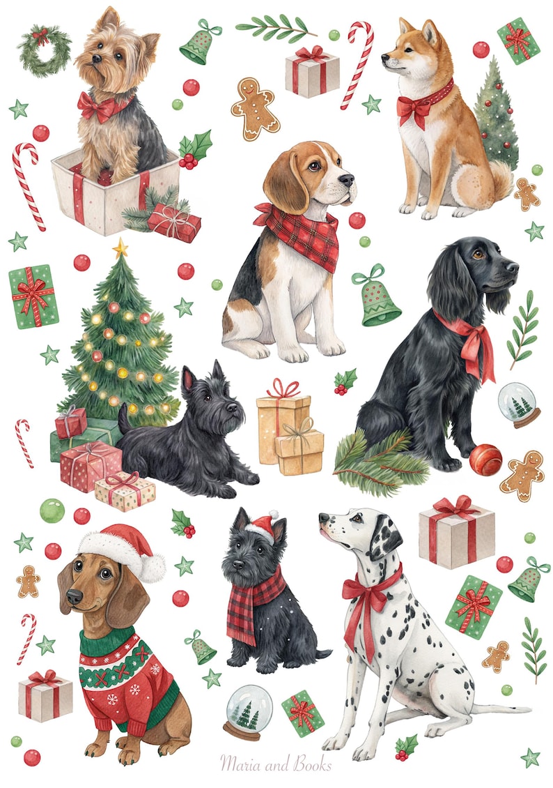 Christmas Dogs Watercolor Clipart: Festive Breeds (PNG) - Etsy