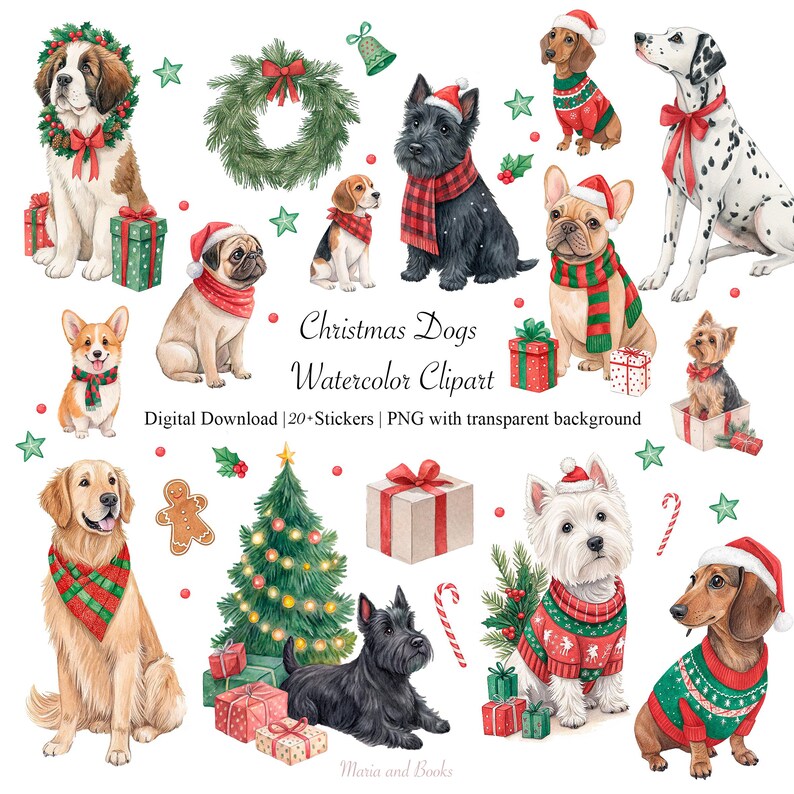 Christmas Dogs Watercolor Clipart: Festive Breeds (PNG) - Etsy