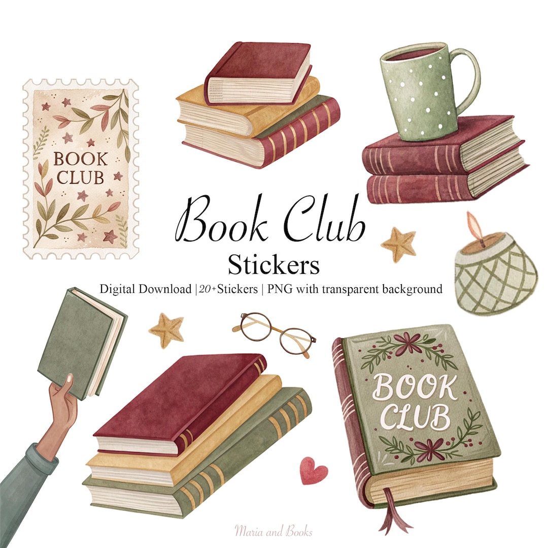 Watercolor Book Club Stickers: Cozy Reading PNG Clipart (digital ...