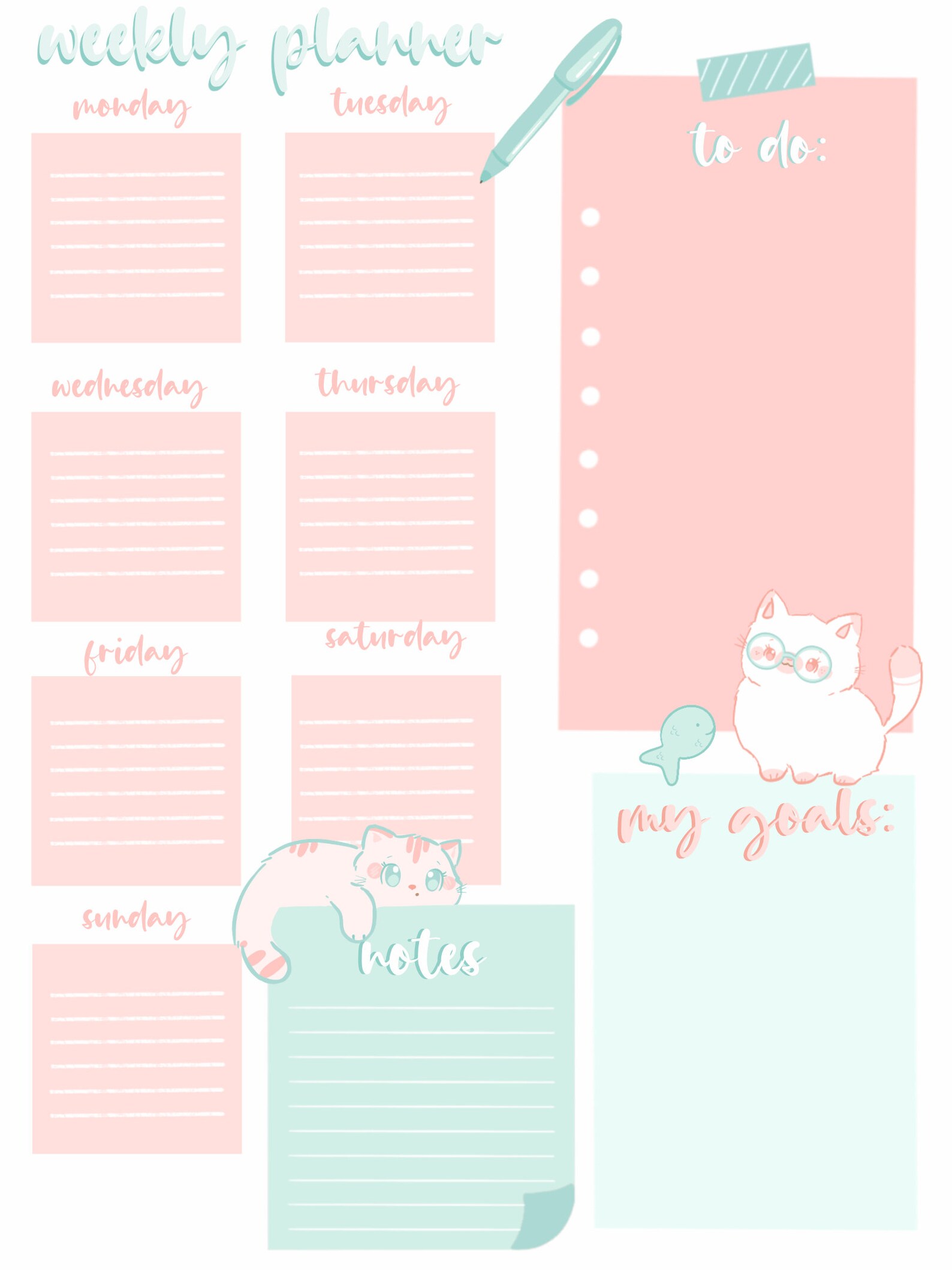 Cat Digital Weekly Planner, Cat Theme, Kawaii Stationary, Kawaii ...