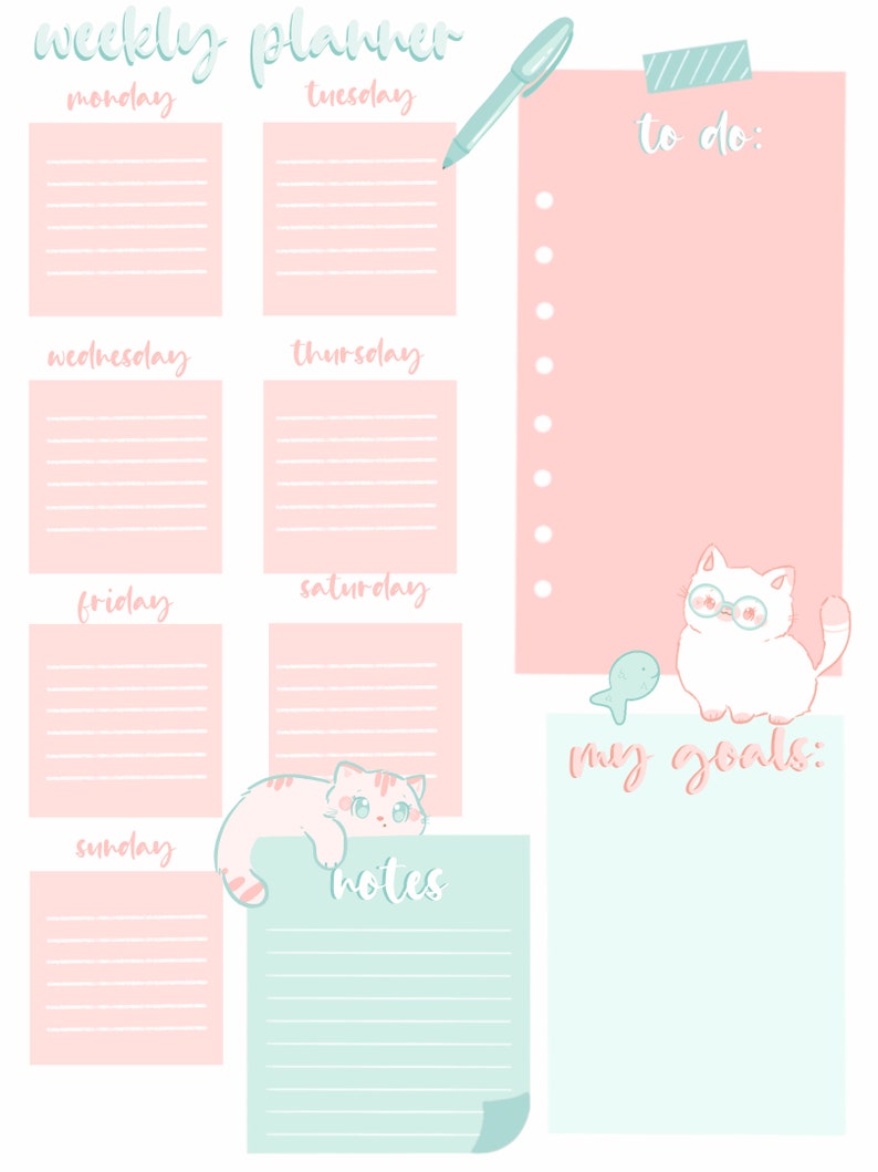 Cat Digital Weekly Planner, Cat Theme, Kawaii Stationary, Kawaii ...