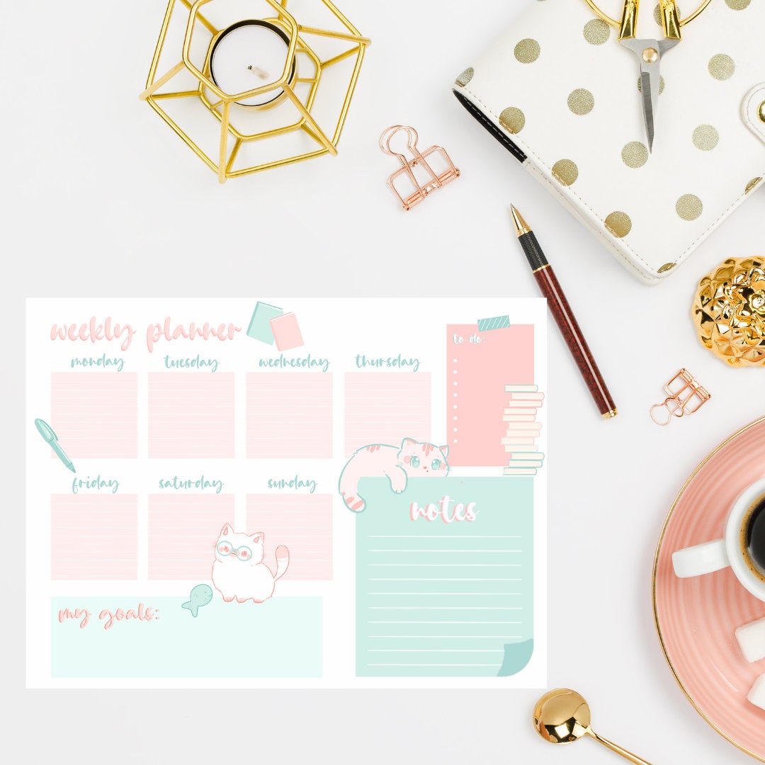 Cat Digital Weekly Planner, Cat Theme, Kawaii Stationary, Kawaii ...