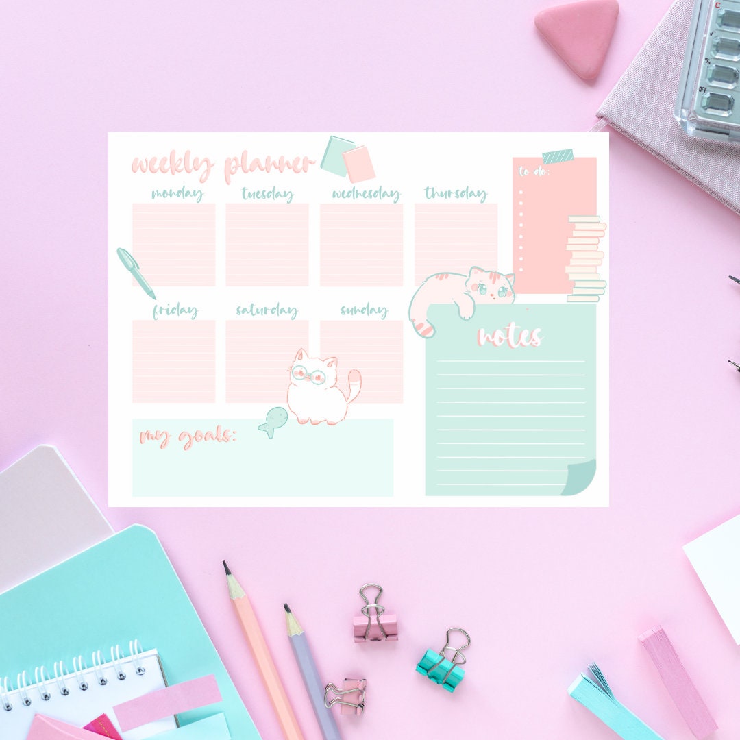 Cat Digital Weekly Planner, Cat Theme, Kawaii Stationary, Kawaii ...