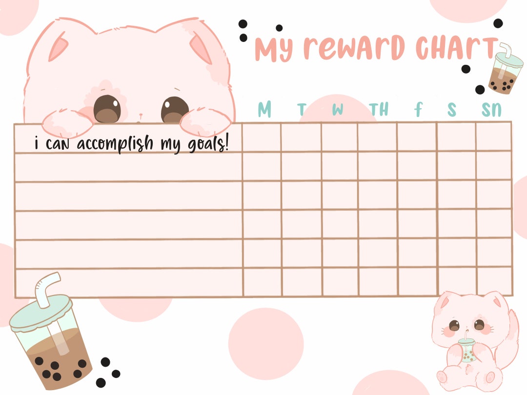 Kawaii Boba Kitty Pastel Kids Reward Chart, Bubble Tea Printable Kids ...