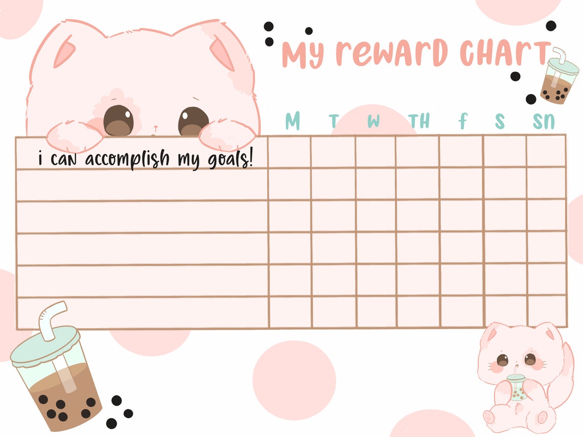 Kawaii Boba Kitty Pastel Kids Reward Chart Bubble Tea - Etsy