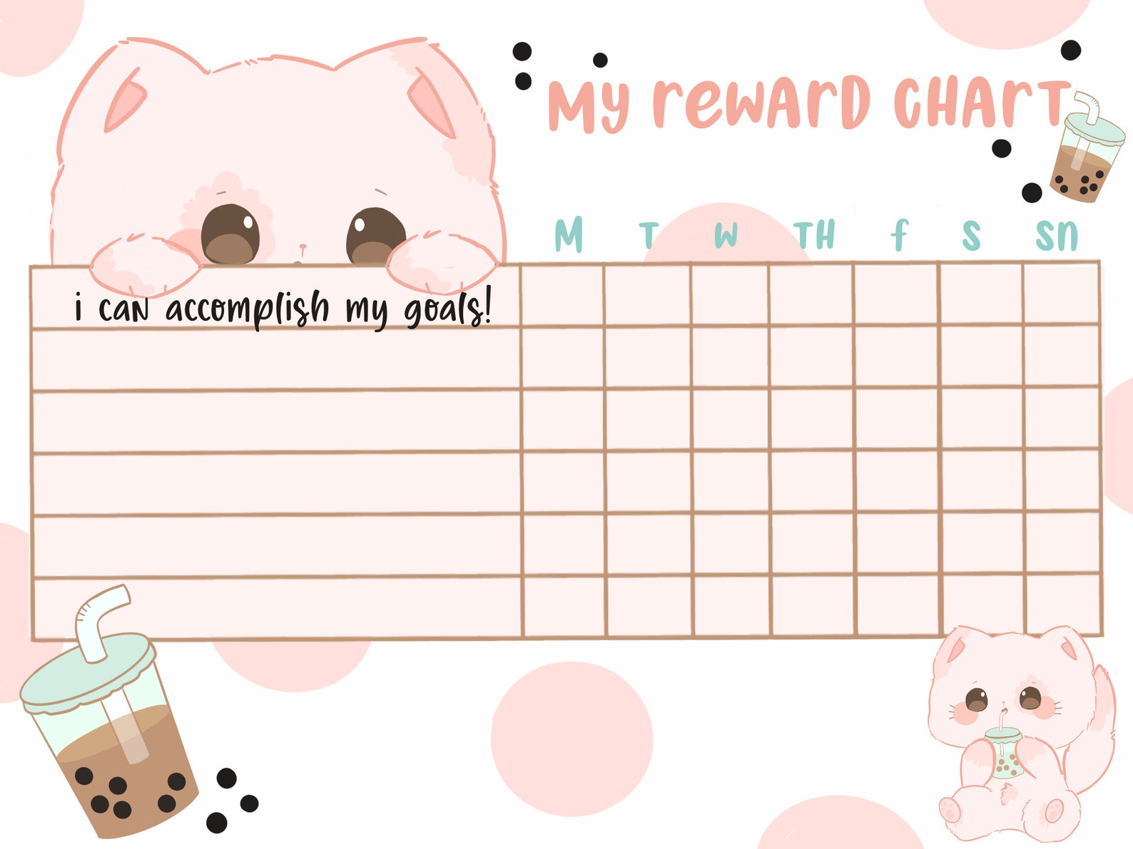 Kawaii Boba Kitty Pastel Kids Reward Chart, Bubble Tea Printable Kids ...