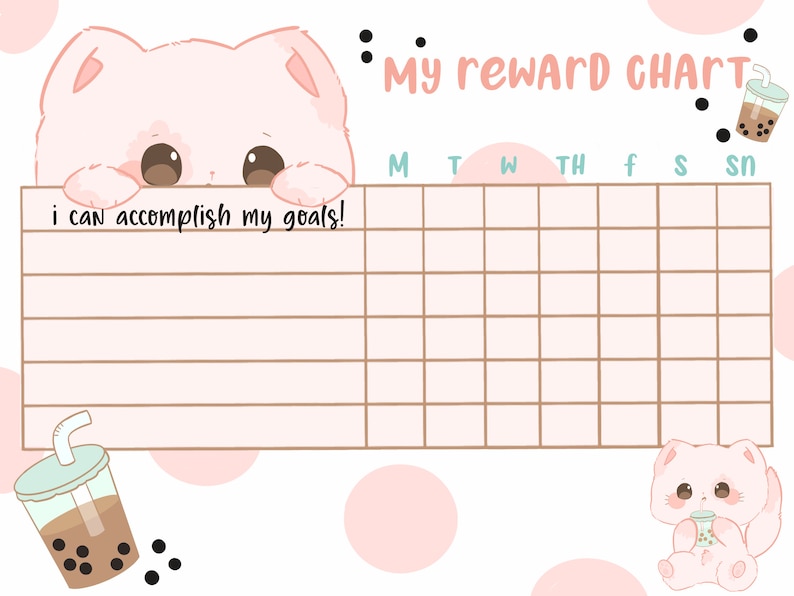 Kawaii Boba Kitty Pastel Kids Reward Chart, Bubble Tea Printable Kids ...