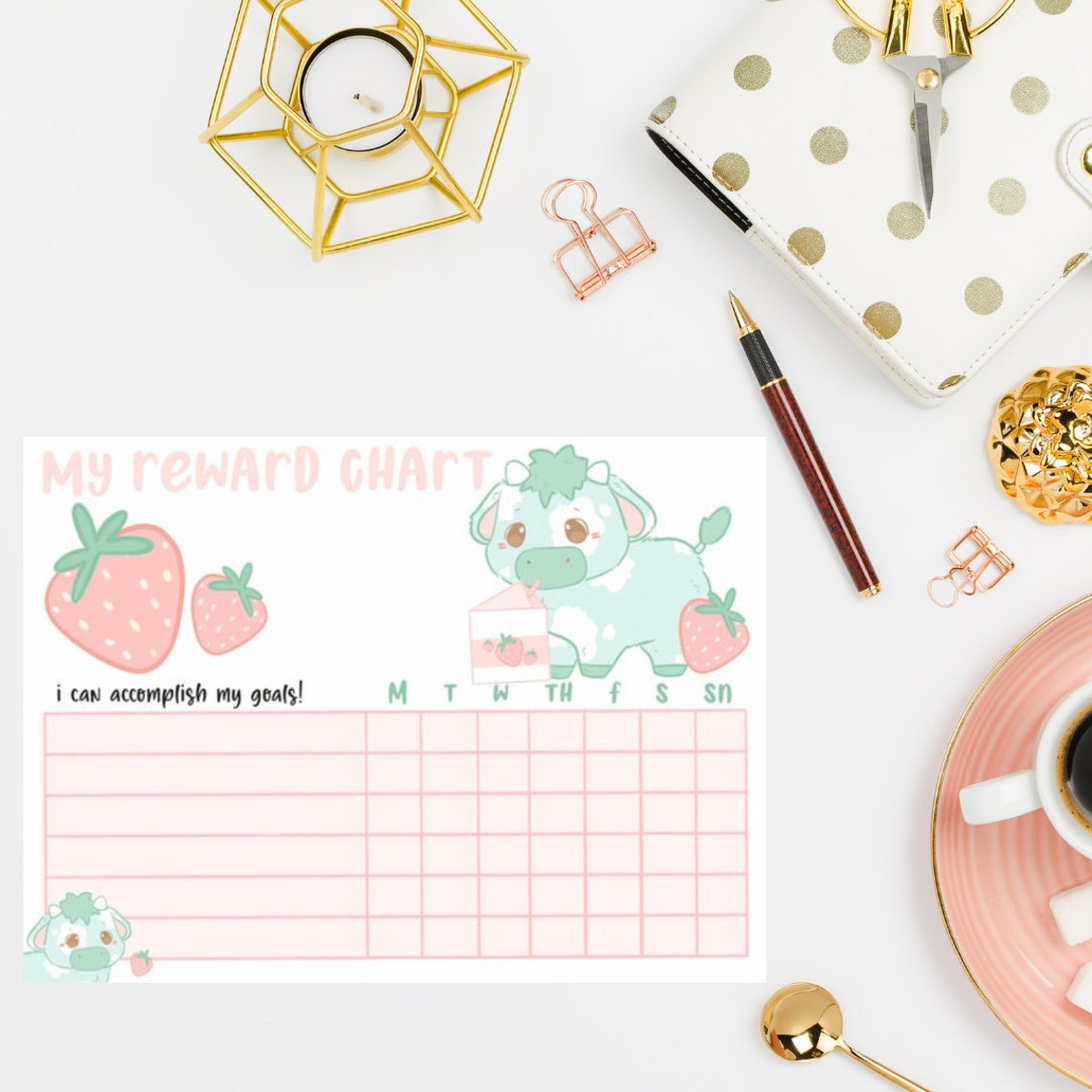 Pastel Kawaii Strawberry Cow Reward Chart for Kids, Printable Behavior ...